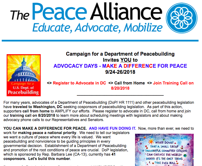 Advocacy Days to Campaign for a Department of Peacebuilding